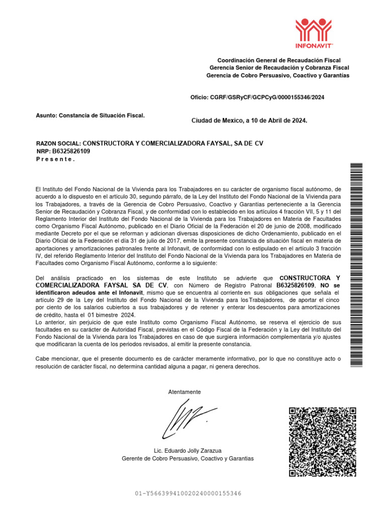Constancia Fiscal Infonavit 2024 Faysal SA | PDF | Gobierno | Justicia
