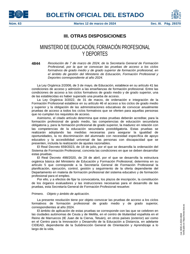 Boe A 2024 4844 | PDF | Desarrollo profesional | Maestros
