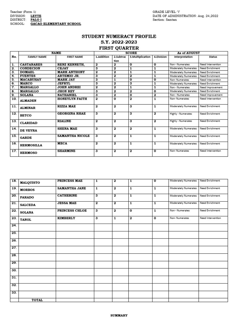 Student Numeracy Profile Report S.Y. 2022-2023 | PDF