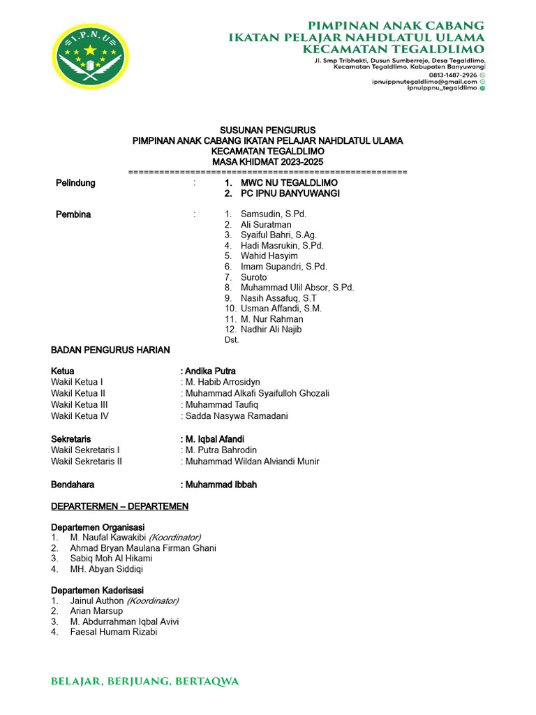 Susunan Pengurus Pac Ipnu Tegaldlimo | PDF