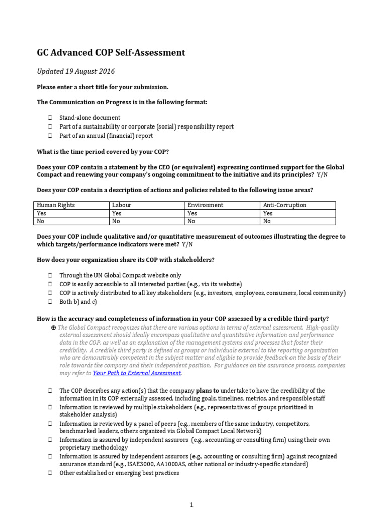 Communication On Progress GC Advanced COP Selfassessment | PDF ...