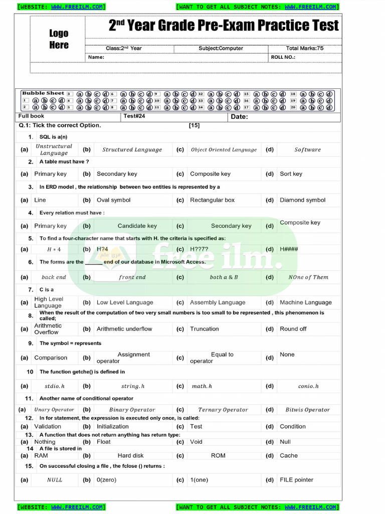 12th Computer Test Paper 24 | PDF