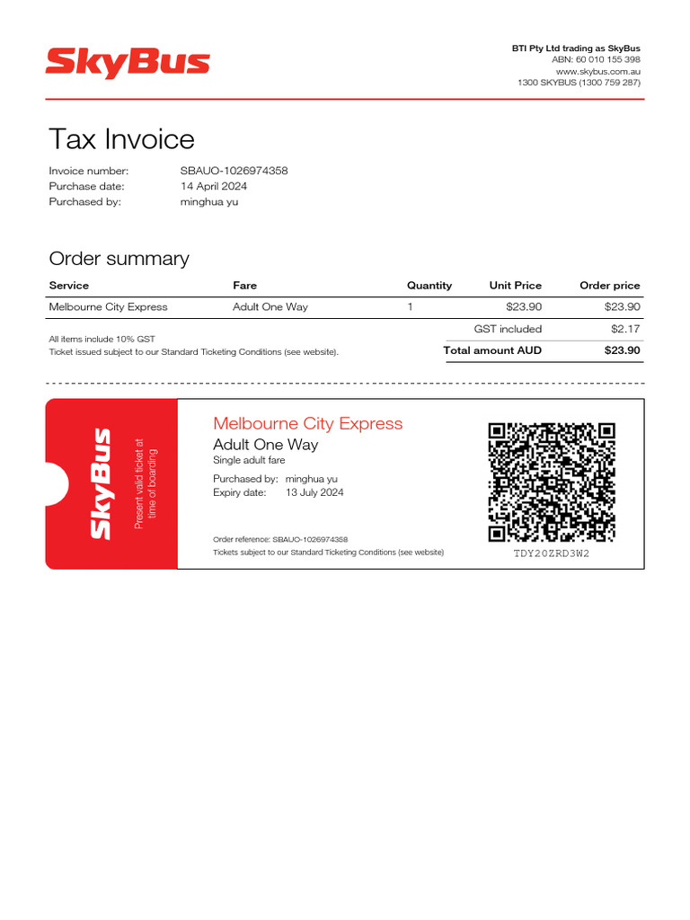 Melbourne City Express Ticket Invoice | PDF