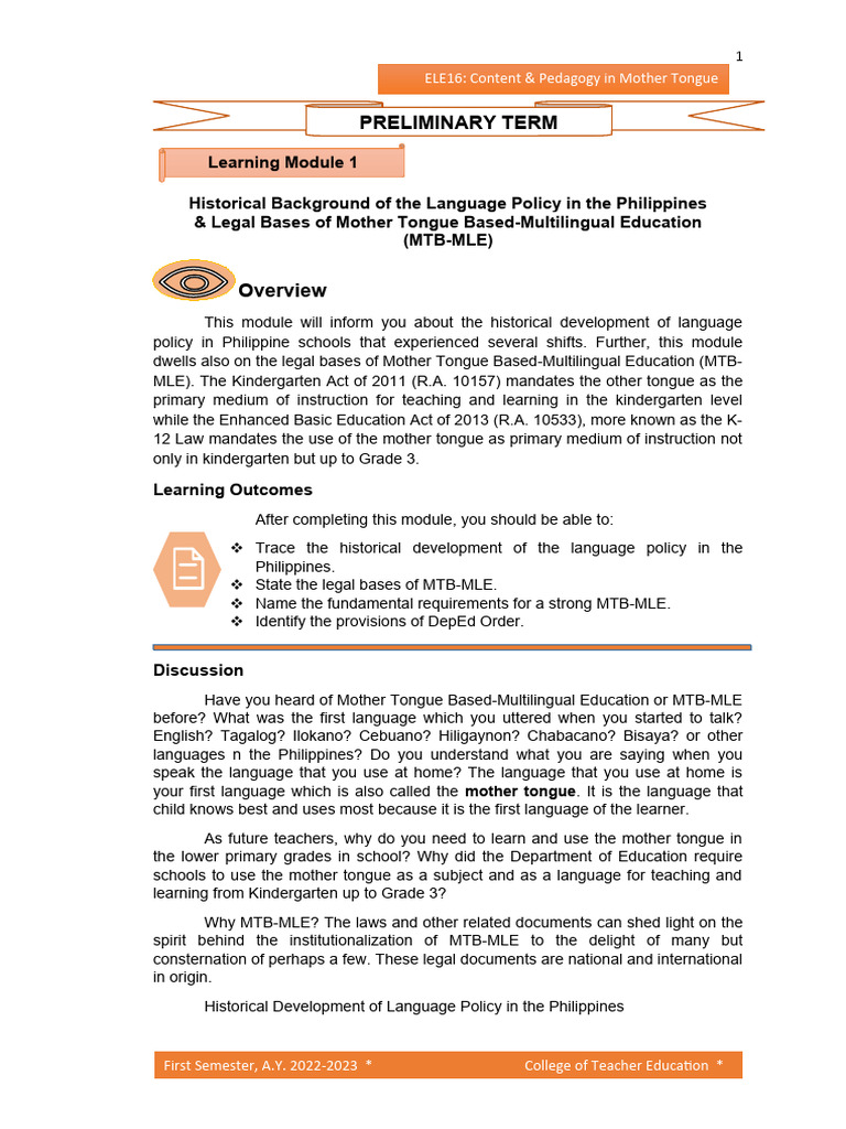 ELE16 Preliminary Learning Module 2022 | PDF | Phoneme | First Language