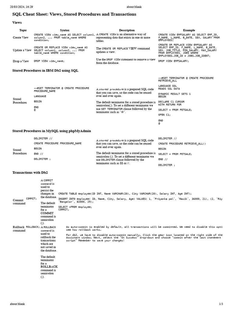 Sql Cheat Sheet Adv Pdf Sql Database Transaction