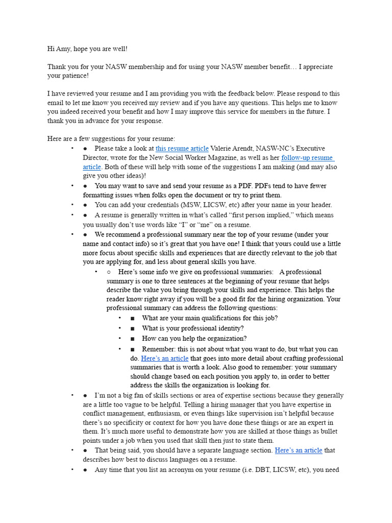 Resume 2024 Feedback | PDF | Résumé | Psychotherapy