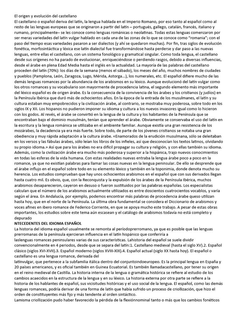 El Origen Y Evolución Del Castellano Pdf Lengua Española Latín