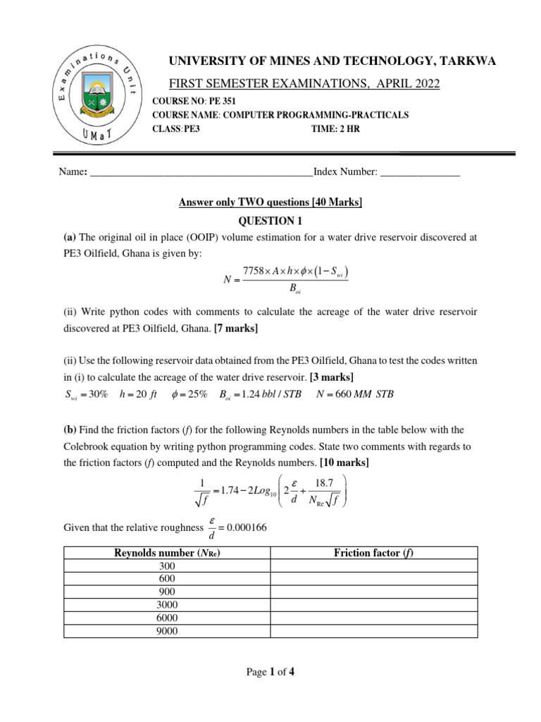 Comp Prog Practical Exams-2022 | PDF | Petroleum Reservoir | Chemical Engineering