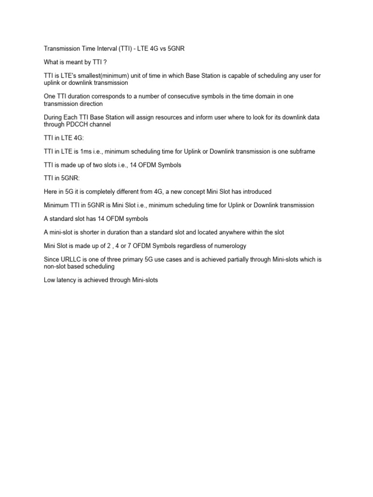 TTI Differences: LTE 4G vs 5GNR | PDF