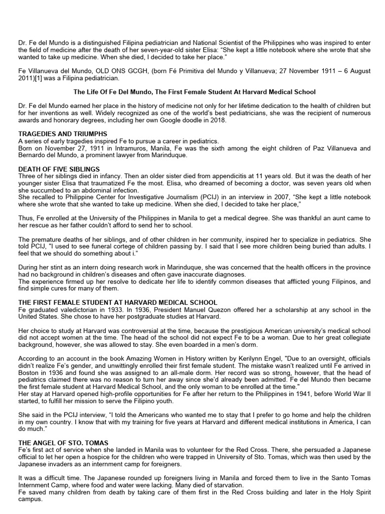 Legacy of Dr. Fe del Mundo | PDF | Philippines