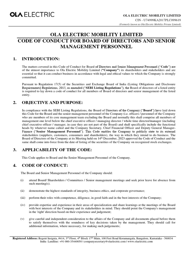 Ola Electric Code of Conduct Overview | PDF | Board Of Directors ...