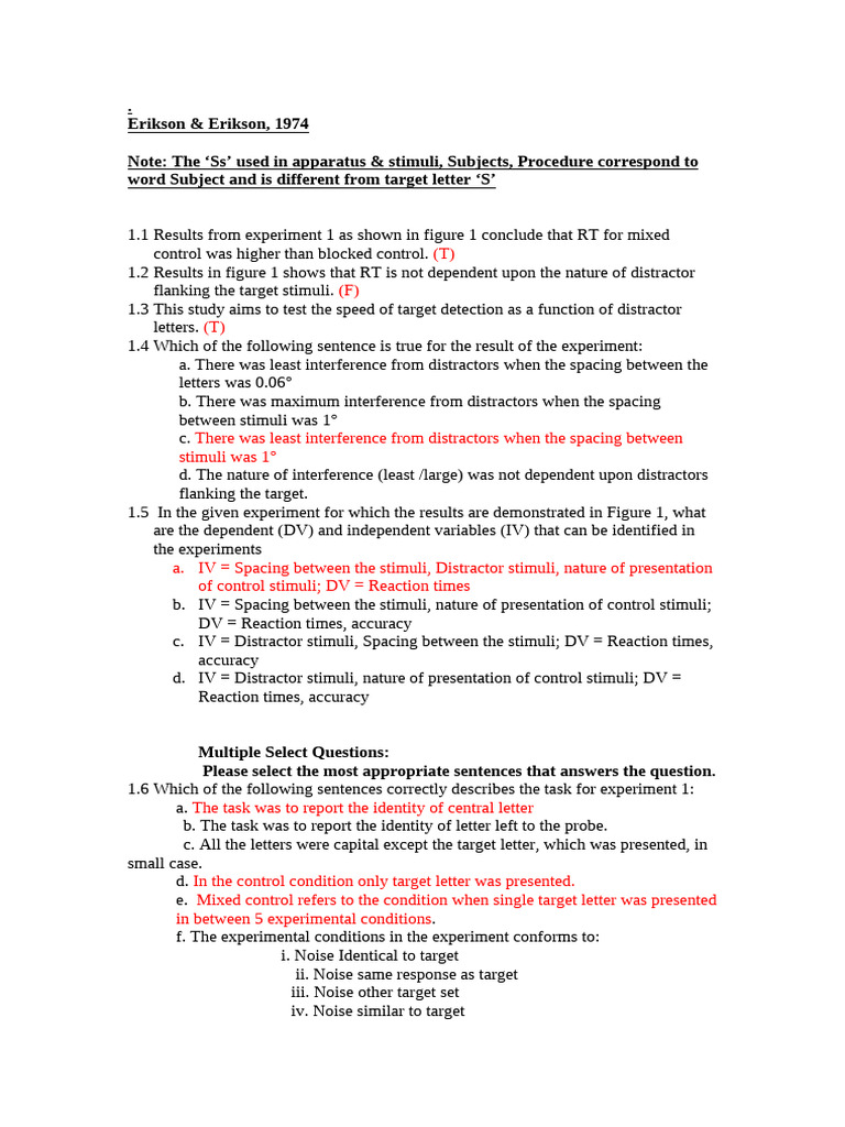 SectionB Answer Key | PDF | Mental Chronometry | Attention