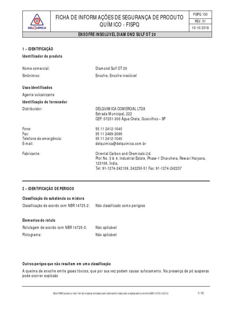 FISPQ Enxofre Insolúvel Diamond Sulf | PDF | Primeiros socorros | Química