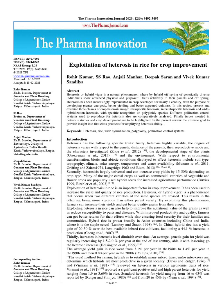 Exploitation of Heterosis in Rice For Crop Improvement | PDF | Plant ...