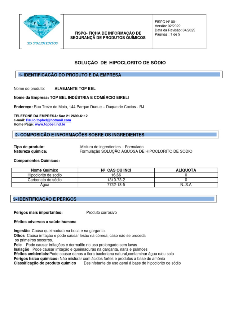 Ficha-De-Cloro C-Alvejante-Top-Bel | PDF | Incêndios | Primeiros socorros