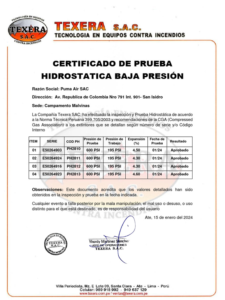 Certificado Prueba Hidrostática Extintores | PDF | Tecnología