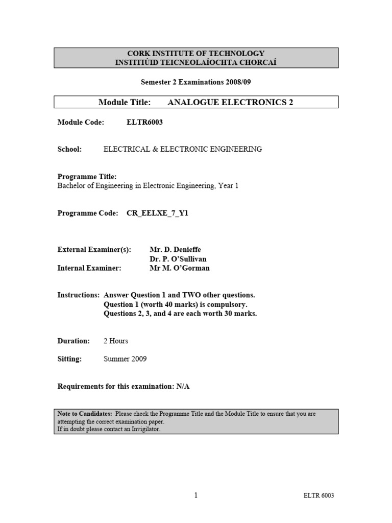 Exam Paper: Analogue Electronics 2 | PDF | Amplifier | Electrical ...