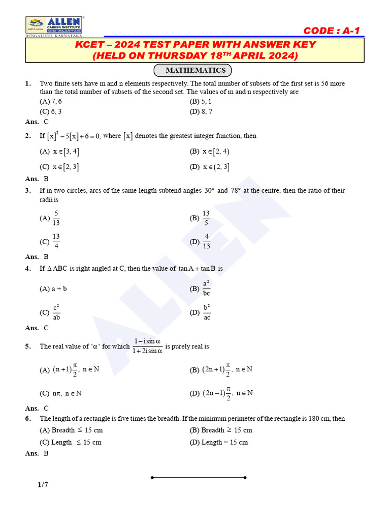 KCET 2024 MATHS Paper With Answer | PDF | Function (Mathematics ...