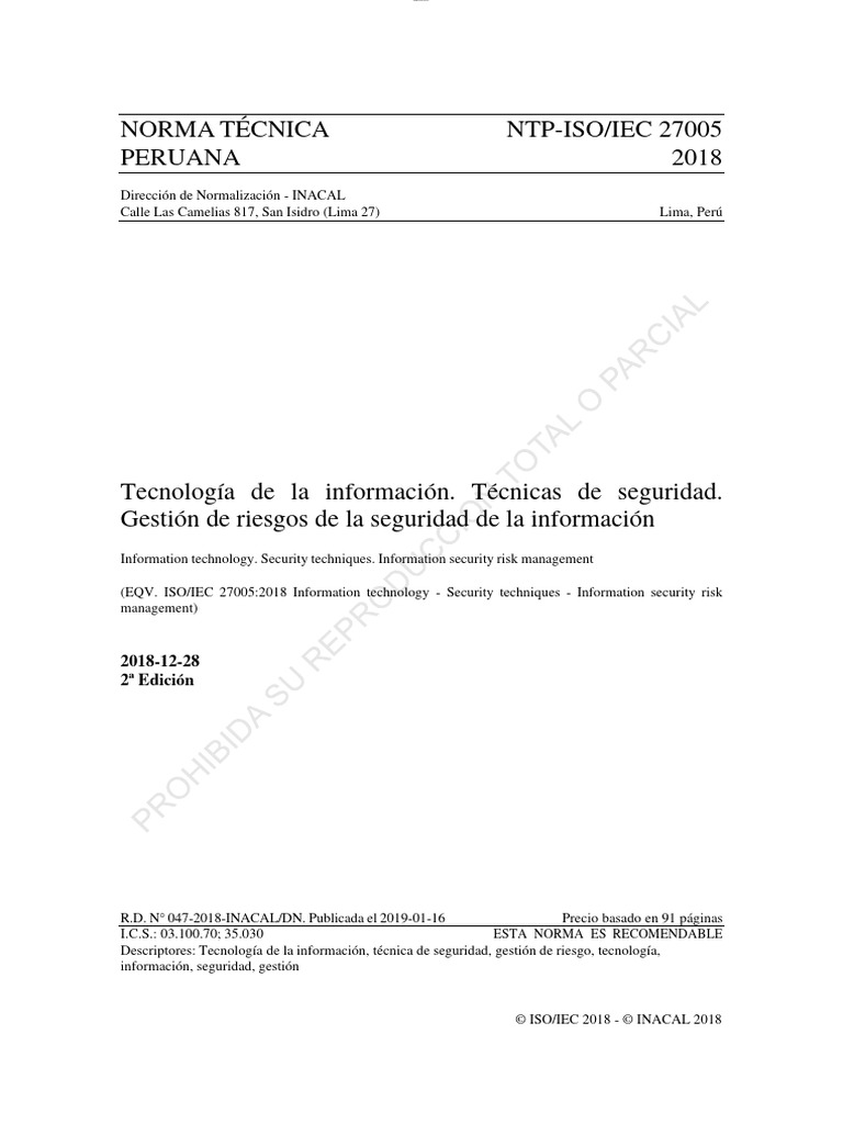 NTP Iso 27005-2018 | PDF | Seguridad de información | Riesgo