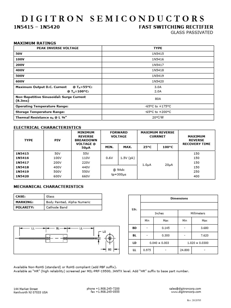 Digitron Semiconductors: 1N5415 - 1N5420 Fast Switching Rectifier | PDF | Rectifier | Electricity