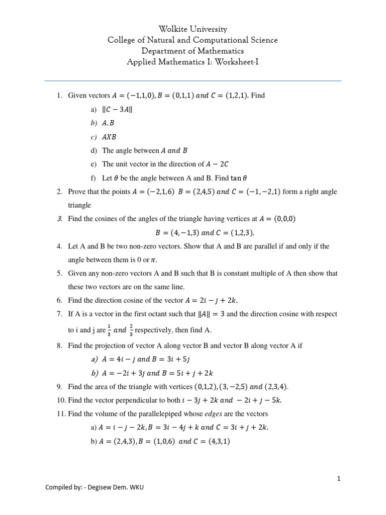 Applied Maths I Worksheet I | PDF | Matrix (Mathematics) | Euclidean Vector