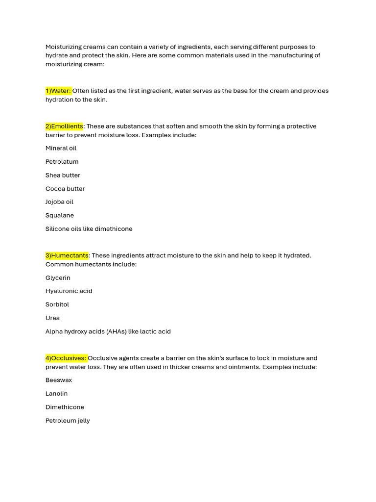 Moisturizing Creams Formulation | PDF