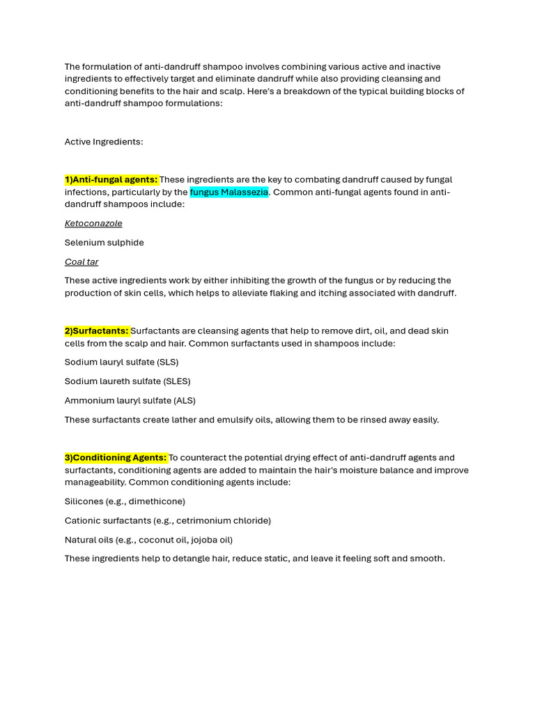The Formulation of ANTI-DANDRUFF SHAMPOO | PDF | Shampoo | Surfactant
