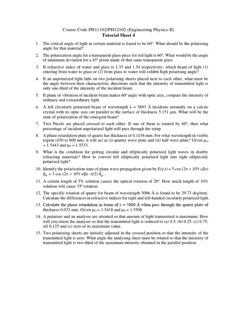 Polarization Tutorial Sheet Pdf Polarization Waves Optics