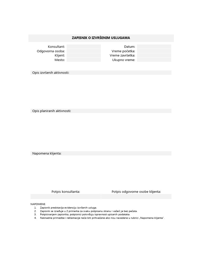 Zapisnik o Izvršenim Uslugama | PDF