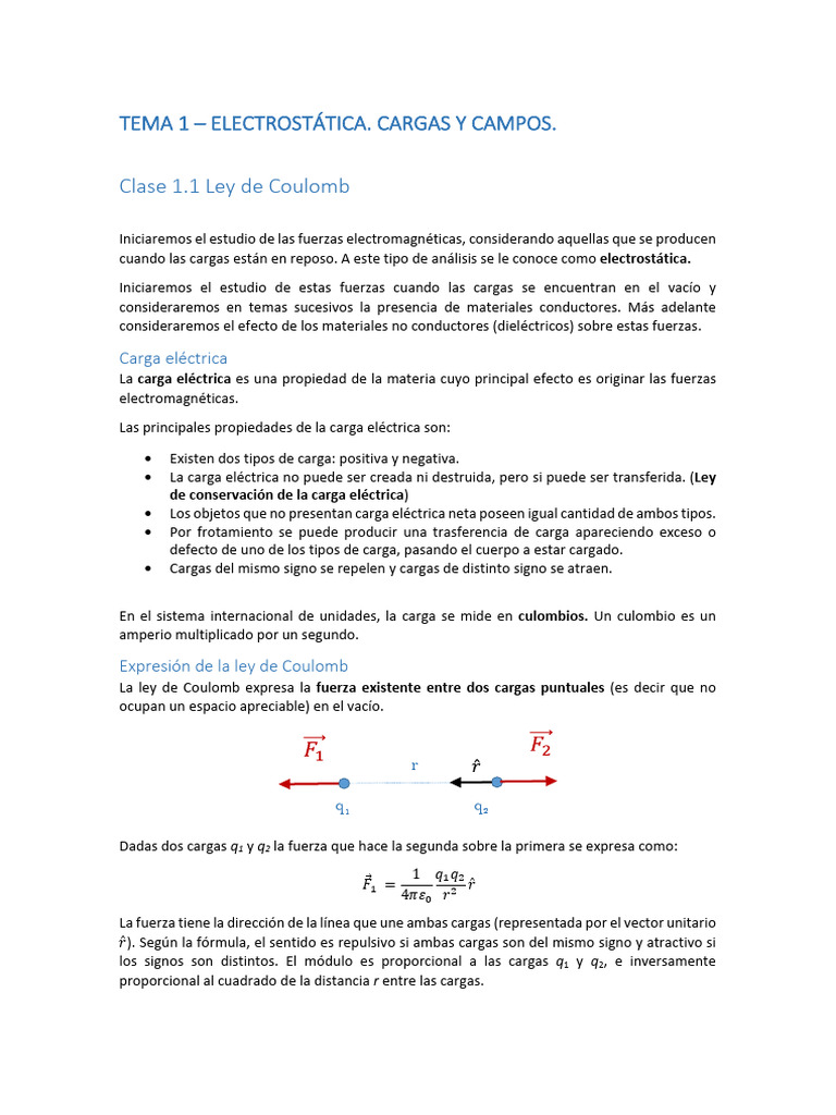 Tema 1. Electrostática Cargas y Campos | PDF | Carga eléctrica | Campo ...