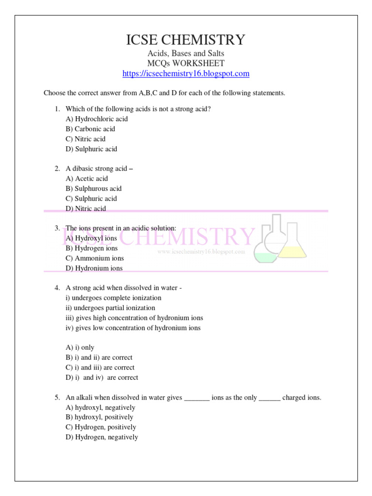 ICSE Chemistry MCQs on Acids and Bases | PDF | Acid | Hydroxide