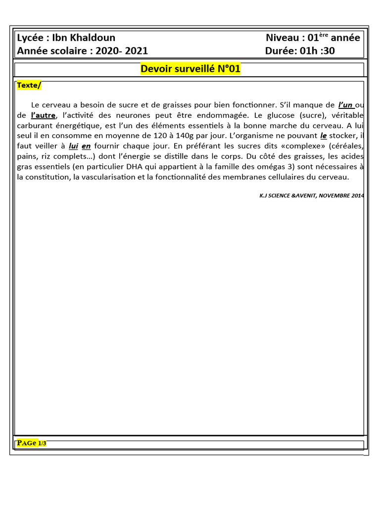 Lycée: Ibn Khaldoun Niveau: 01 Année Année Scolaire: 2020-2021 Durée: 01h:30 Devoir Surveillé N ...