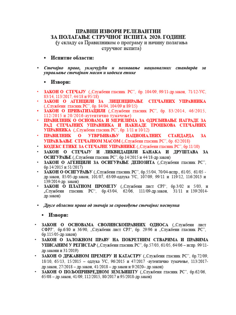 Pravni Izvori Za Polaganje Strucnog Ispita 2020 | PDF