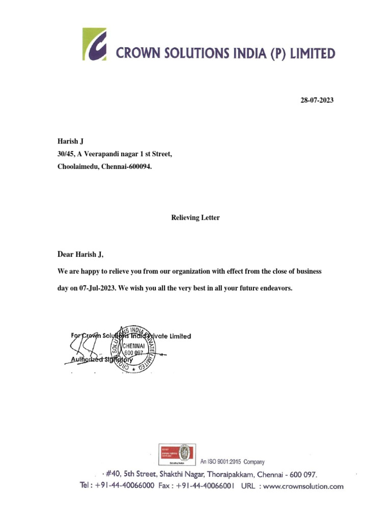 Relieving Letter | PDF