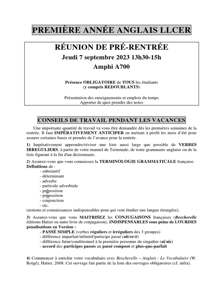 Guide de la 1ère année LLCER Anglais | PDF | Verbe | Adverbe