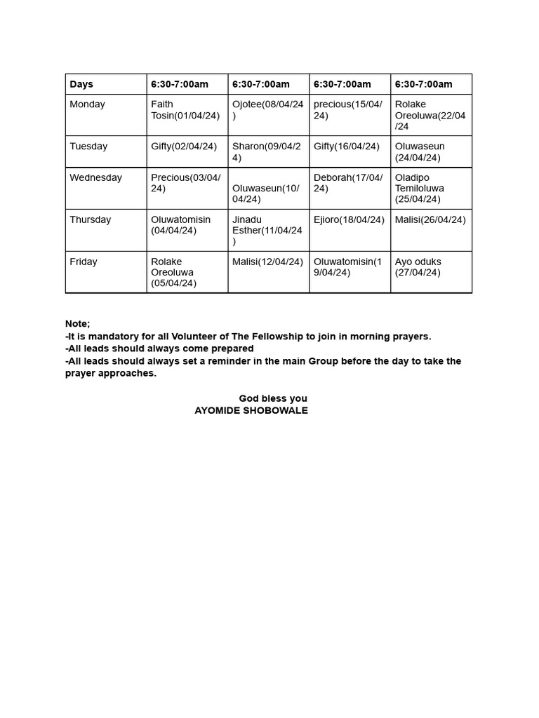 Morning Prayer Roster | PDF