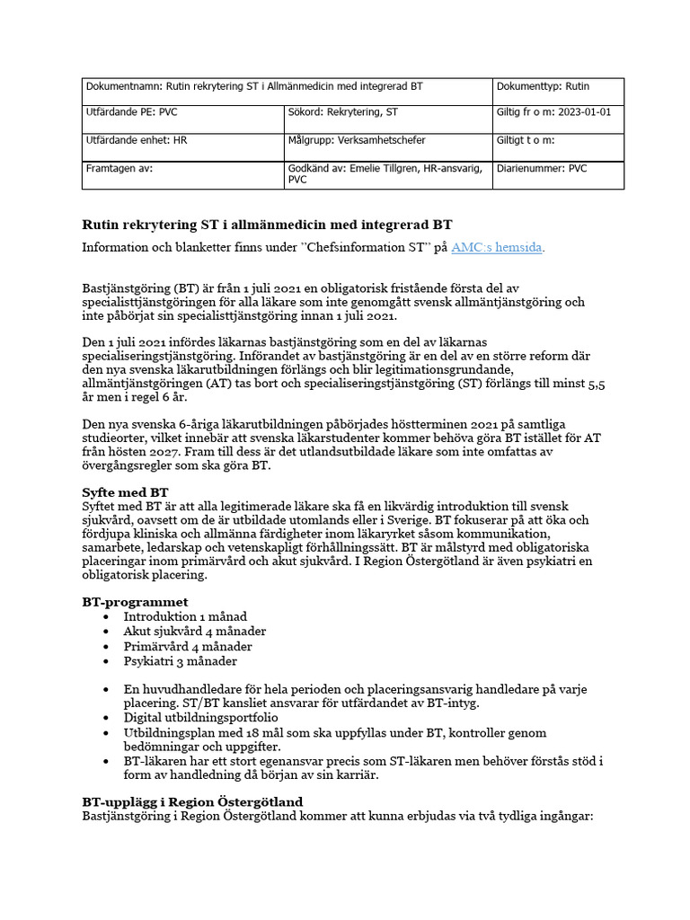 Rutin Rekrytering ST (Med Integrerad BT) | PDF