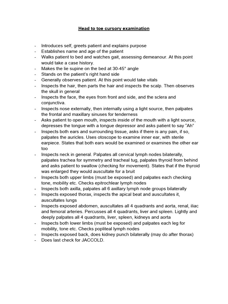 Head To Toe Cursory Examination | PDF | Wellness