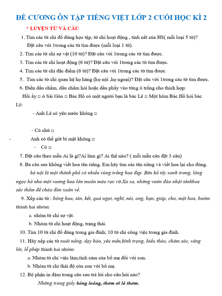 ĐỀ CƯƠNG CUỐI KÌ 2 LTVC LỚP 2 | PDF