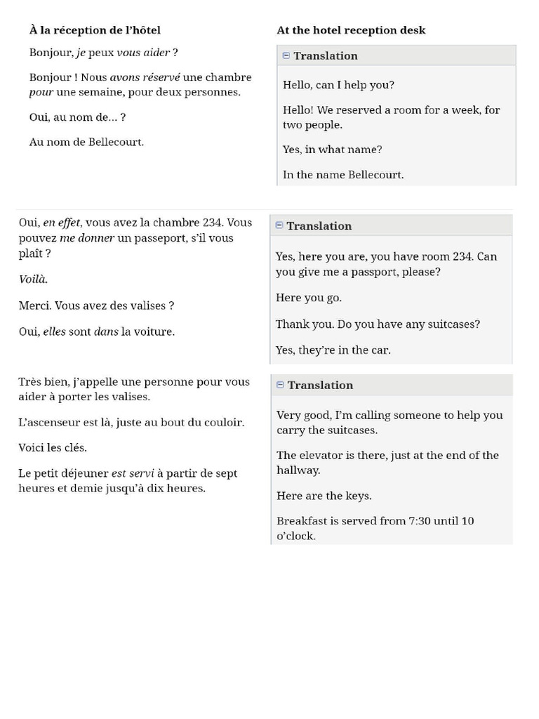 Practical Situation in French At the hotel | PDF