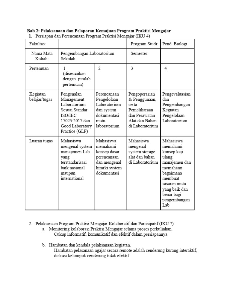 Laporan Kemajuan Praktisi Mengajar Permatakuliah-Isi - PENG LAB SEKOLAH | PDF
