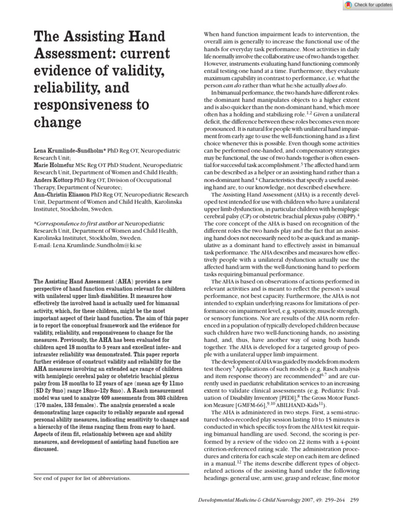 Assisting Hand Assessment Validity Study | PDF | Validity (Statistics)