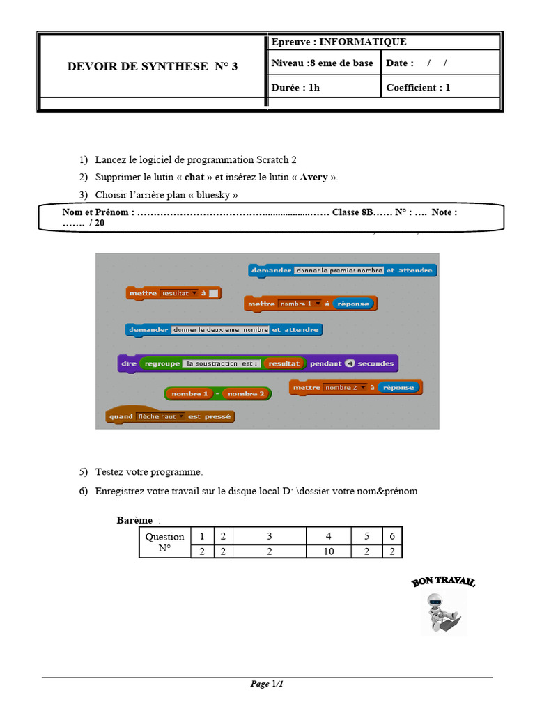 Devoir Informatique 8ème: Scratch 2 | PDF
