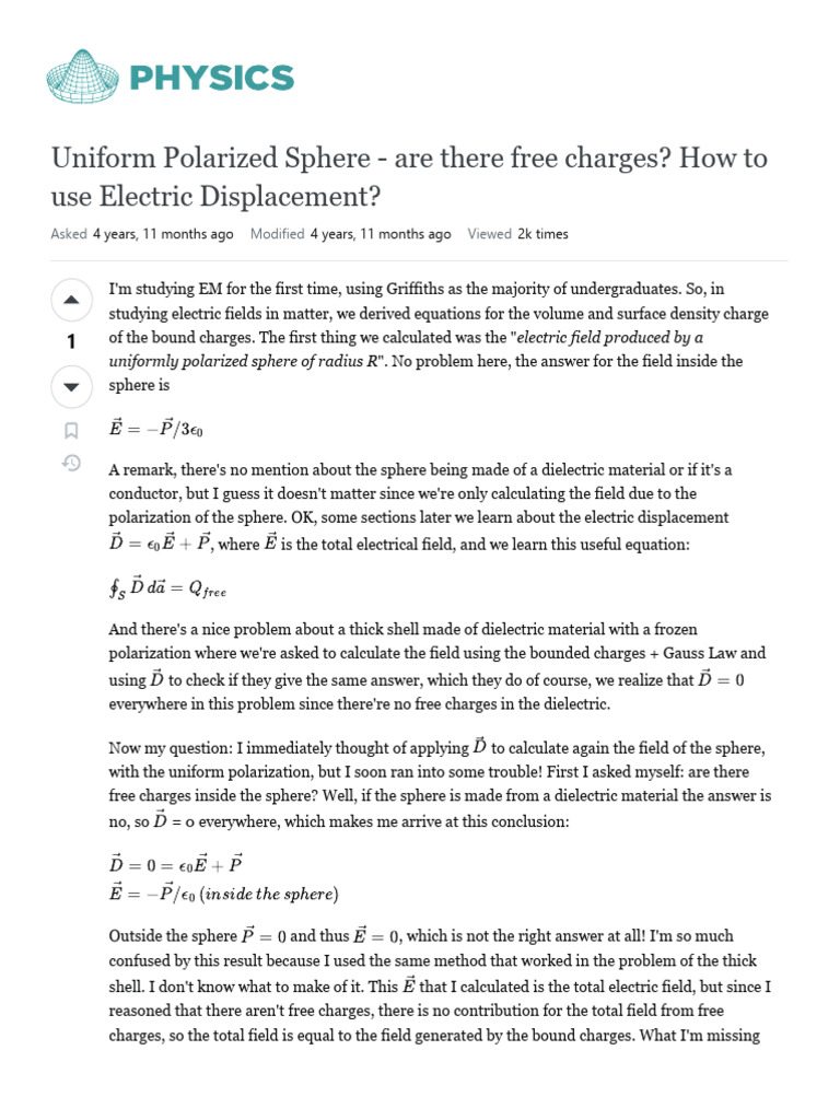 Uniform Polarized Sphere - are there free charges_ How to use Electric Displacement_ - Physics ...