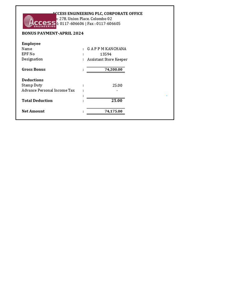 April 2024 Bonus Statement for Employee | PDF | Finance & Money Management