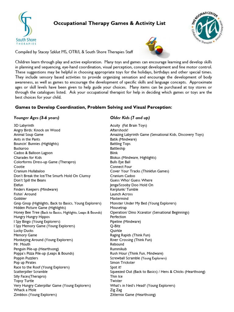 Handout OT Games Activity List | PDF | Toys