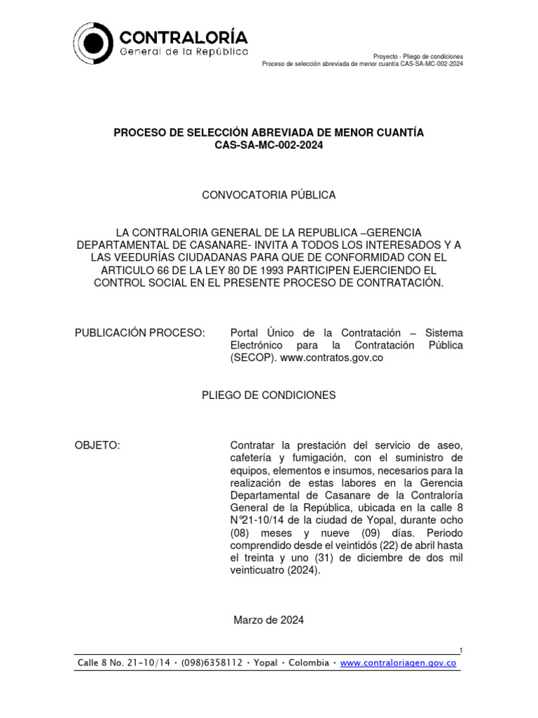 Proyecto Pliego de Condiciones Cas-Sa-Mc-002-2024 - Aseo | PDF ...