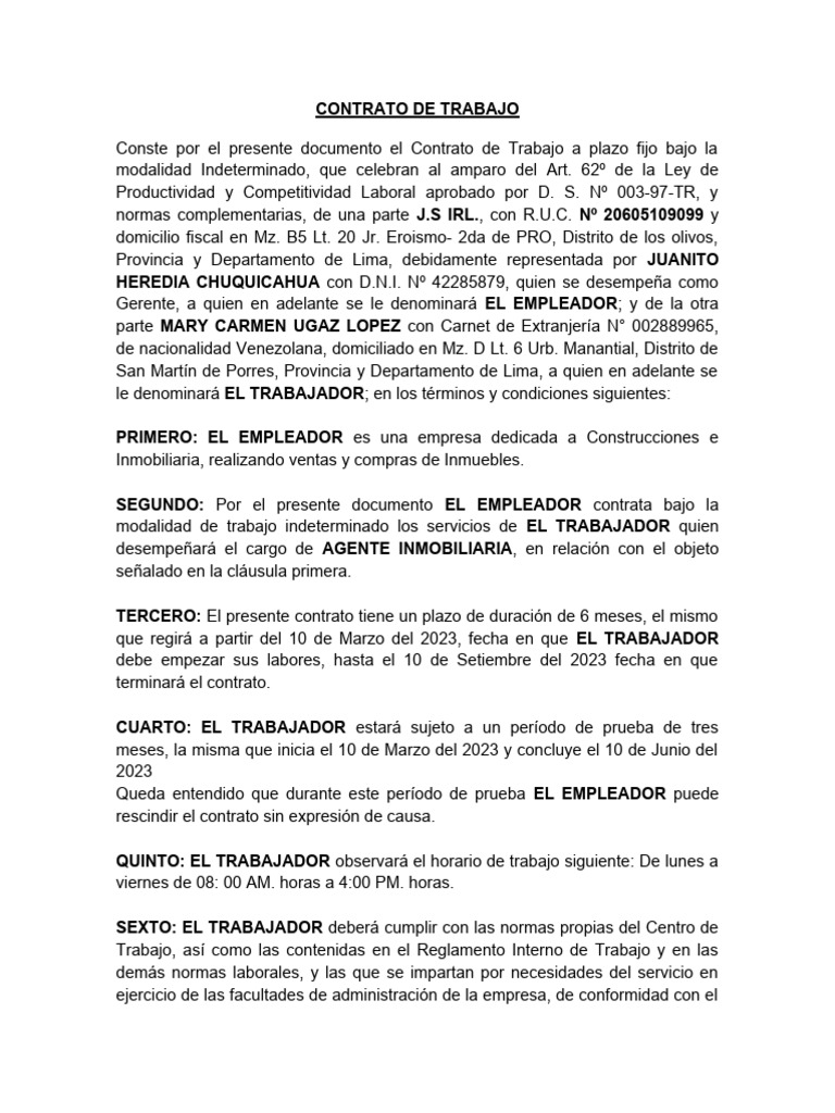 MODELO DE CONTRATO DE TRABAJO SUJETO A MODALIDAD POR | PDF | Derecho laboral | Economias