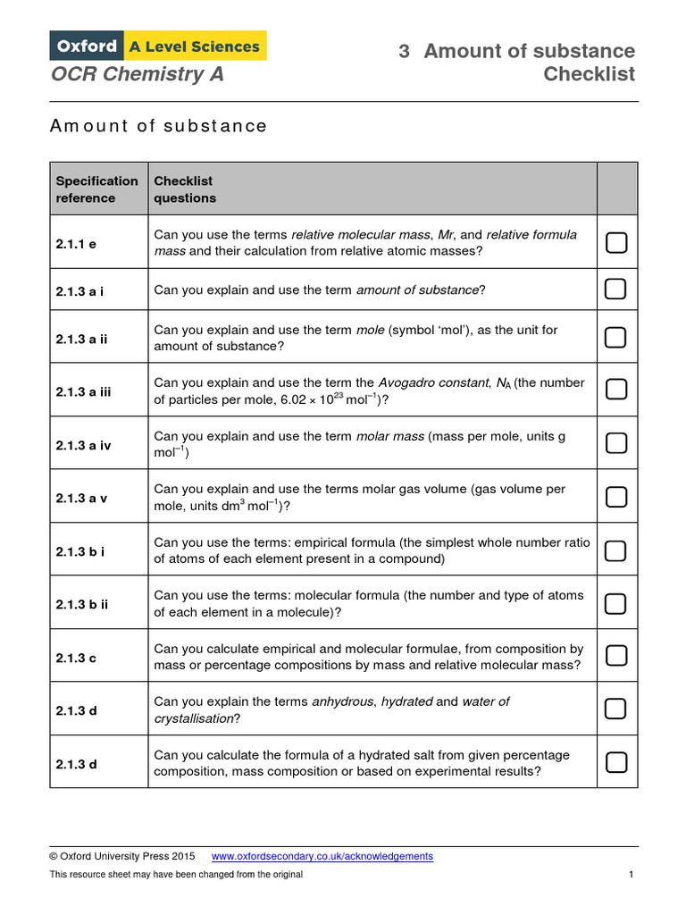 O Level Chemistry: Amount of Substance Guide | PDF | Mole (Unit ...