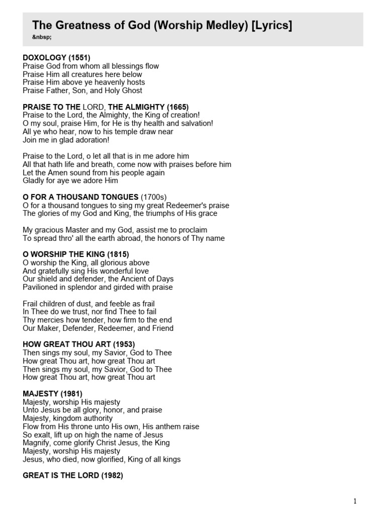 The Greatness of God Worship Medley Lyrics | PDF | Glory (Religion ...